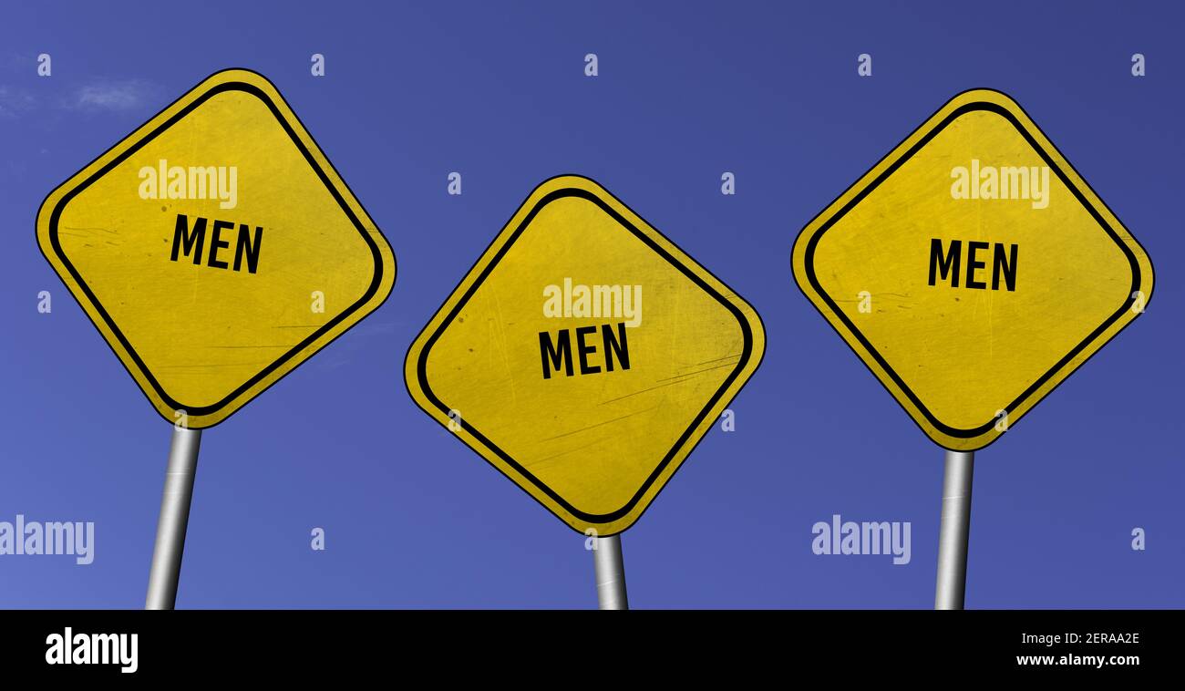 men - three yellow signs with blue sky background Stock Photo - Alamy
