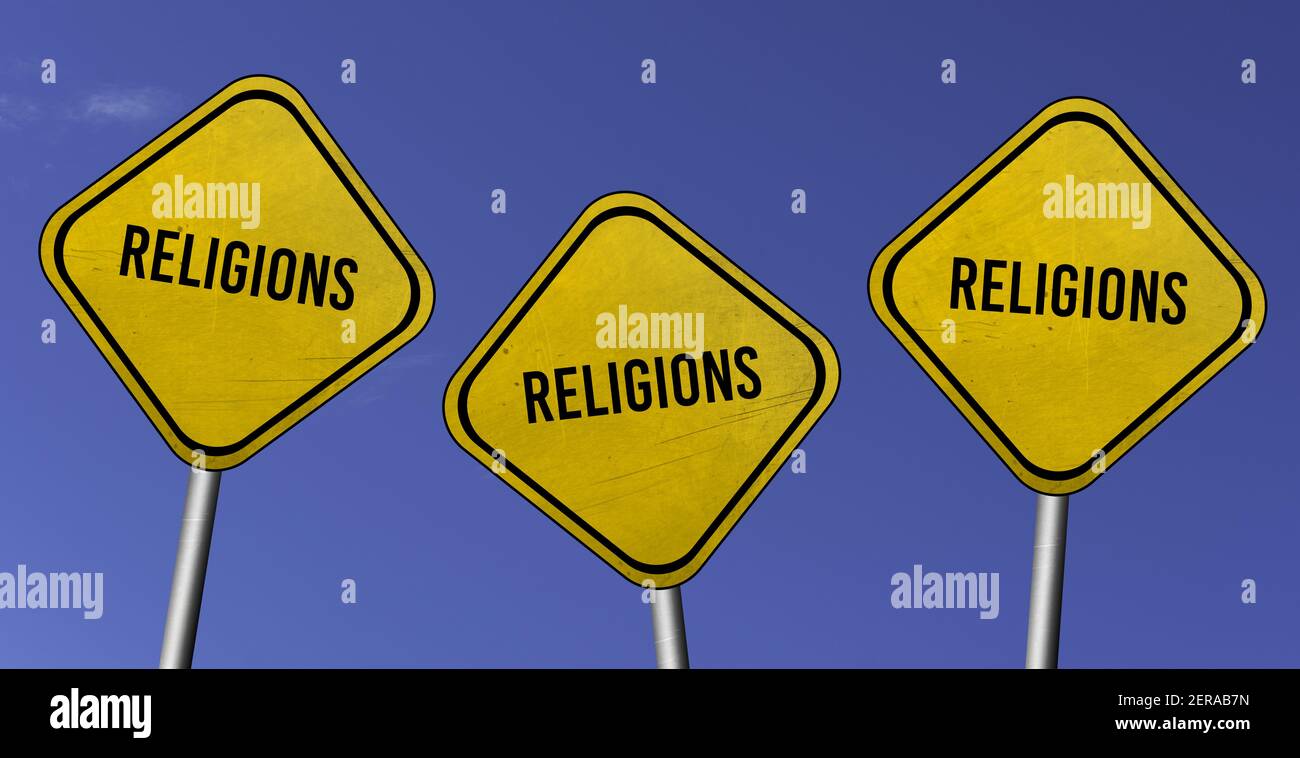 religions - three yellow signs with blue sky background Stock Photo - Alamy