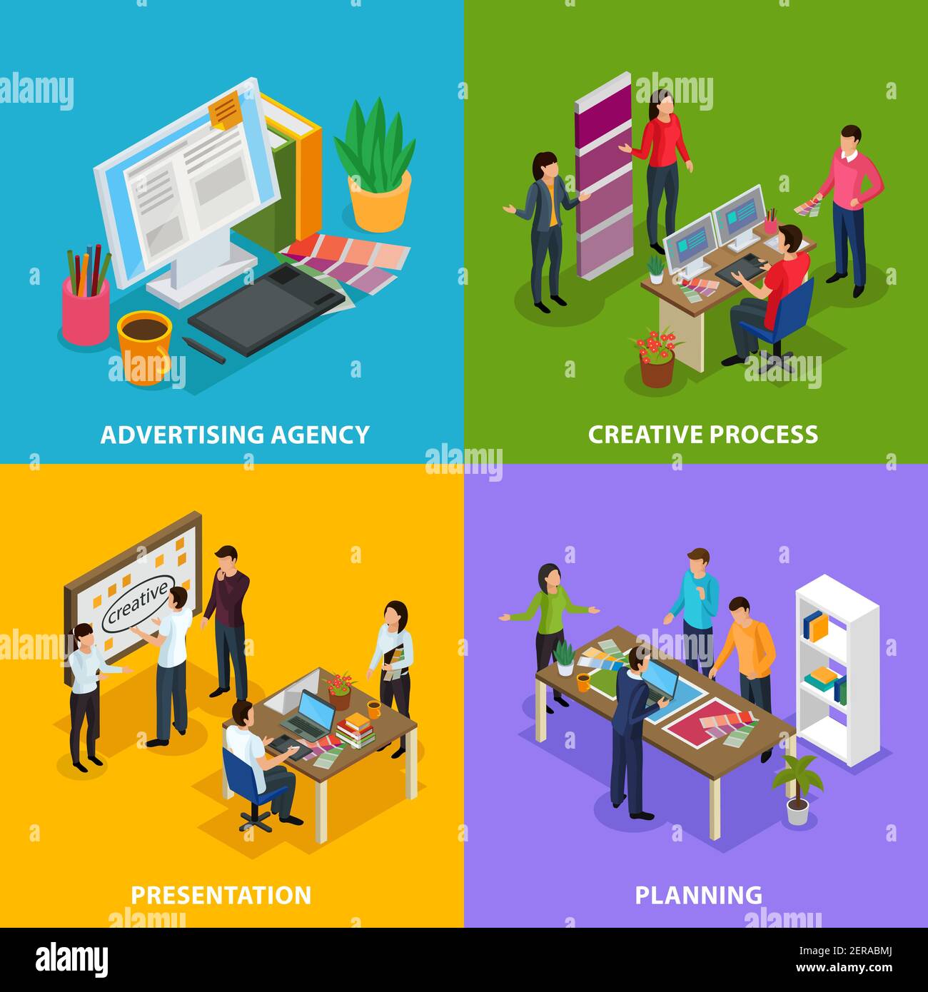 Advertising agency isometric design concept with work place of designer ...