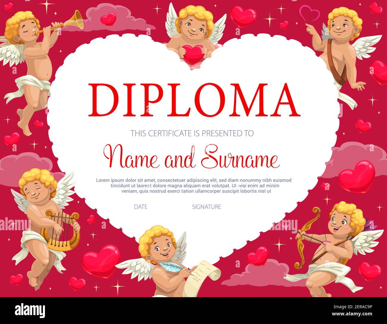 Saint Valentine day child certificate, diploma template with cupids ...