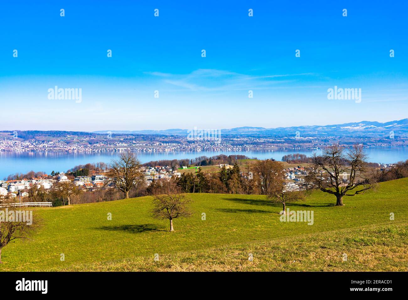 Unique panoramic skyline aerial view of Zurichsee, lake of Zurich with ...