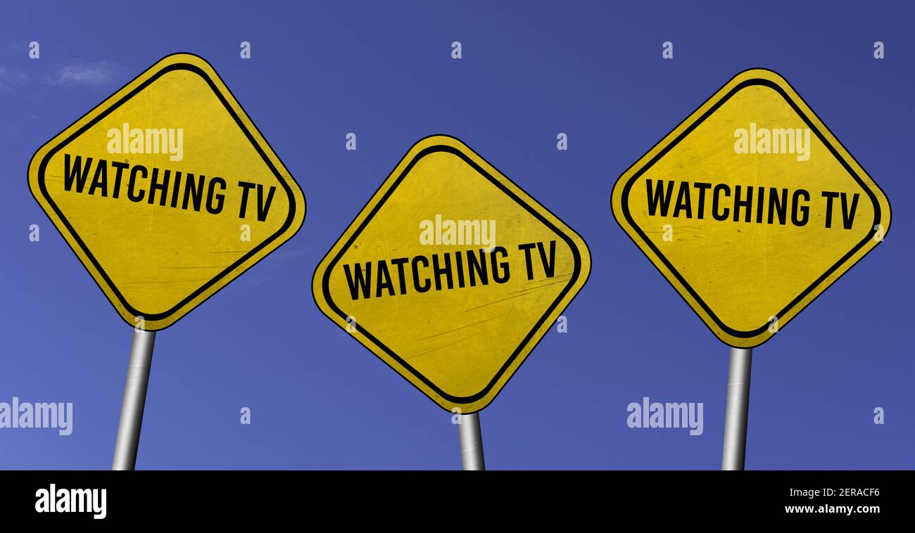 watching tv - three yellow signs with blue sky background Stock Photo ...