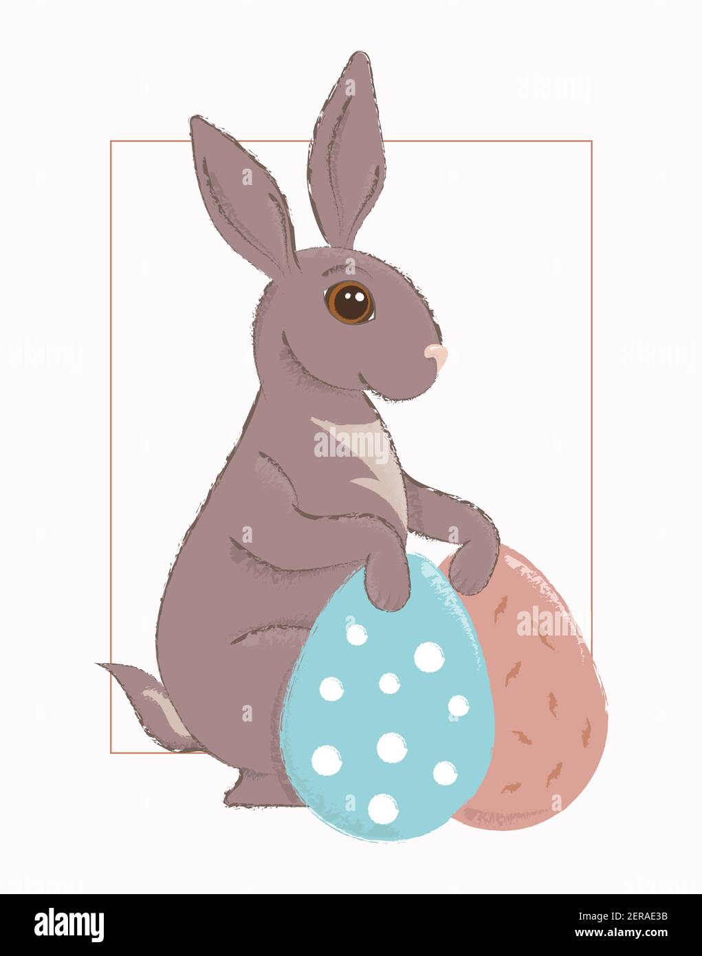 Vector retro greeting card pastel Easter bunny with colored eggs. A ...