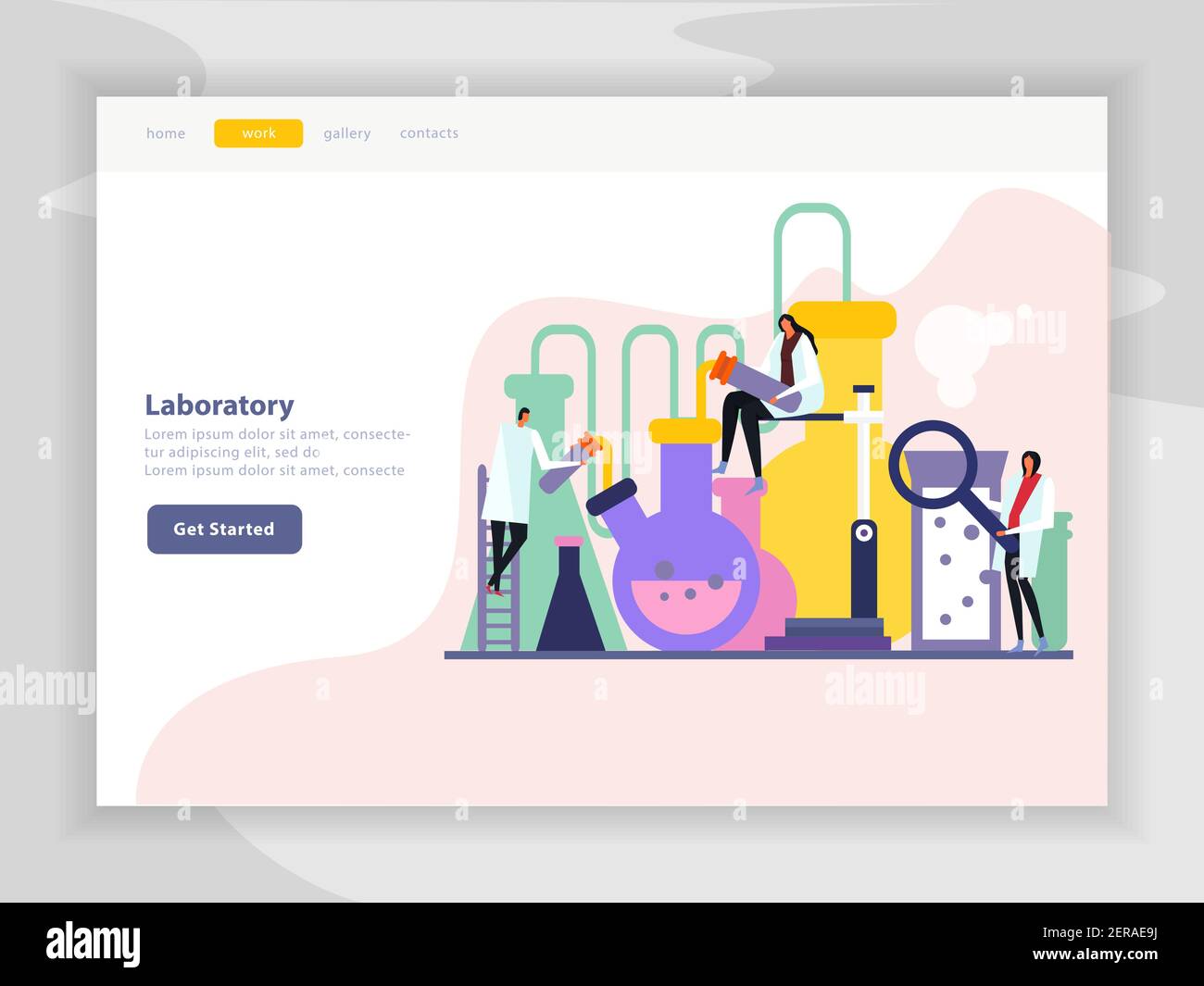 Science lab flat landing page of site with menu, image of chemical ...