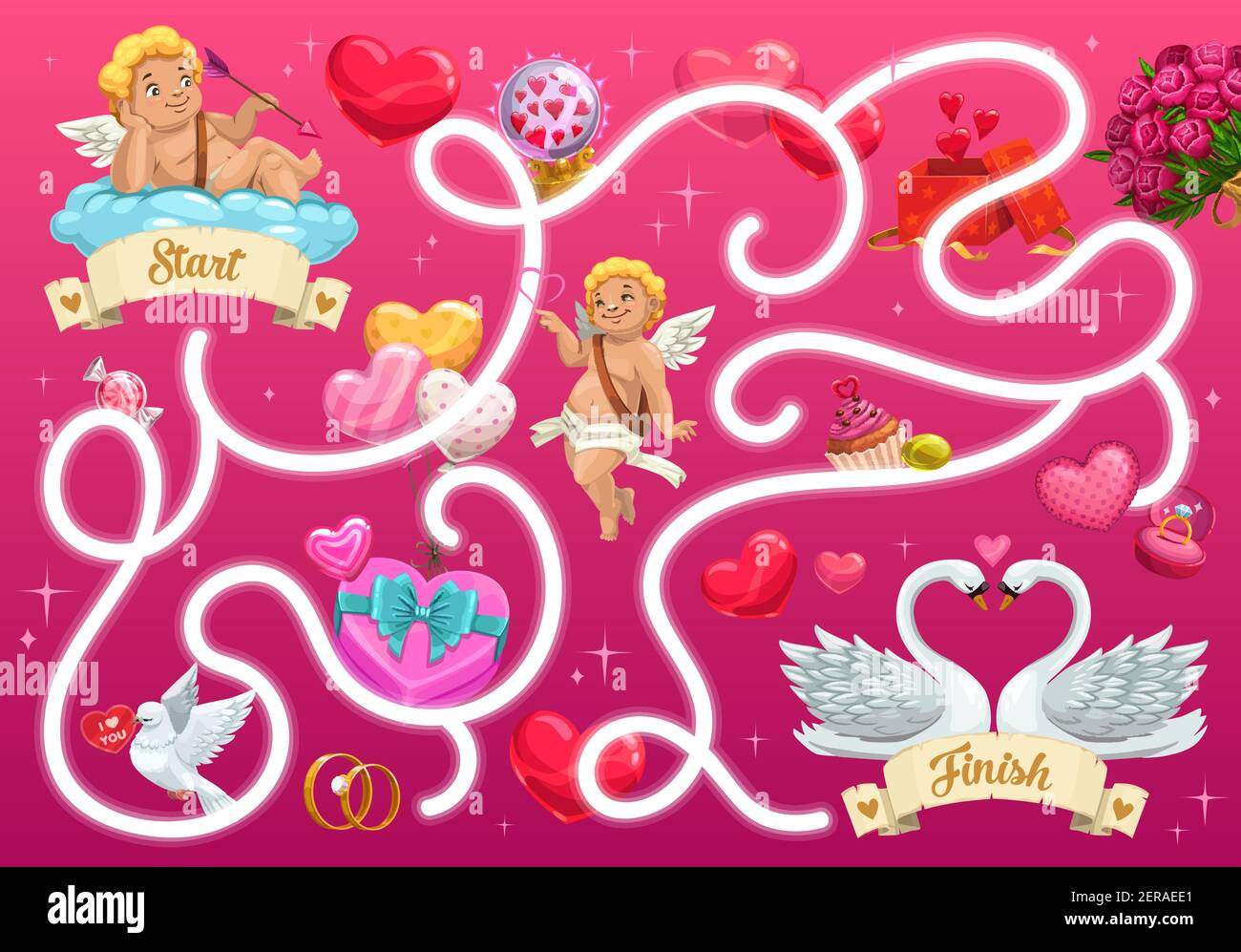 Kids maze game with Valentines day cupids and festive items. Vector ...