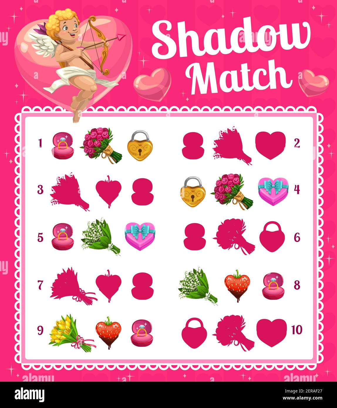 Kids game shadow match vector Valentine items and cupid. Children logic ...