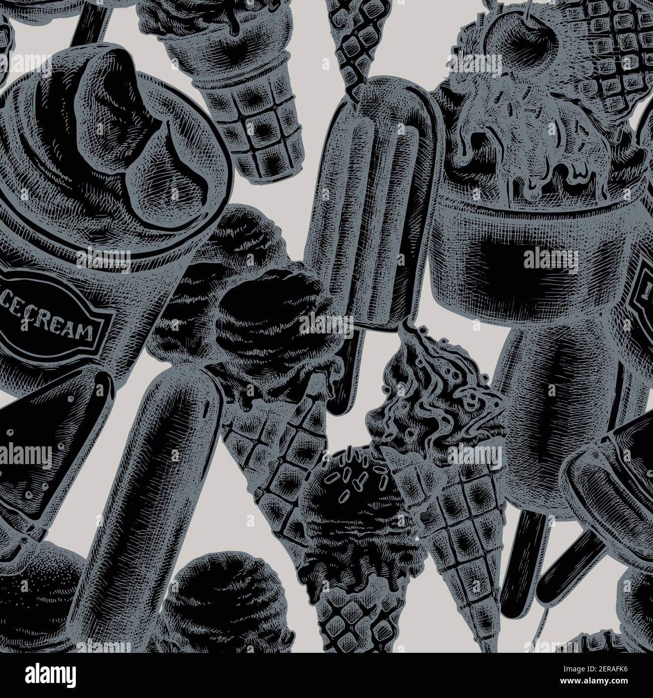 Seamless pattern with hand drawn stylized ice cream bowls, ice cream ...