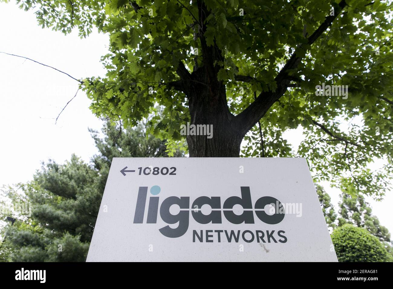 A logo sign outside of the headquarters of Ligado Networks in Reston ...