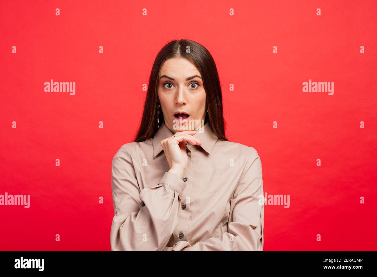 The young emotional angry, scared woman looking at camera. The human ...