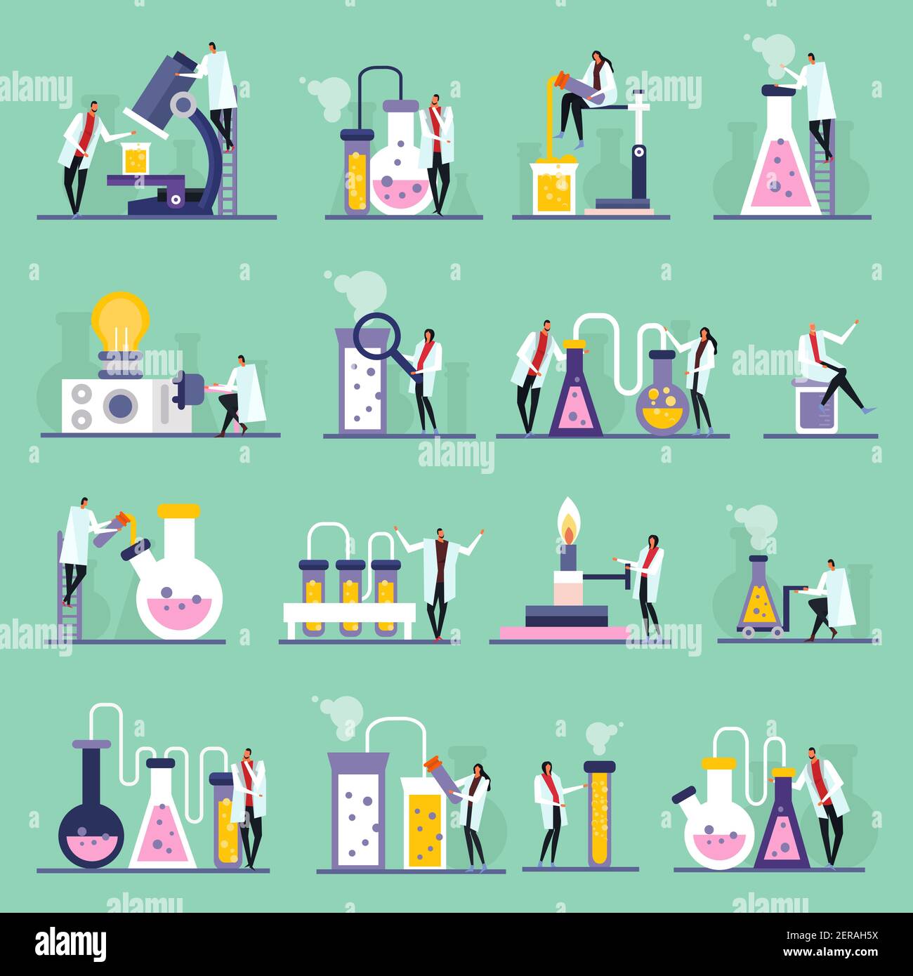 Science lab flat icons, human characters, test tubes and vials with ...