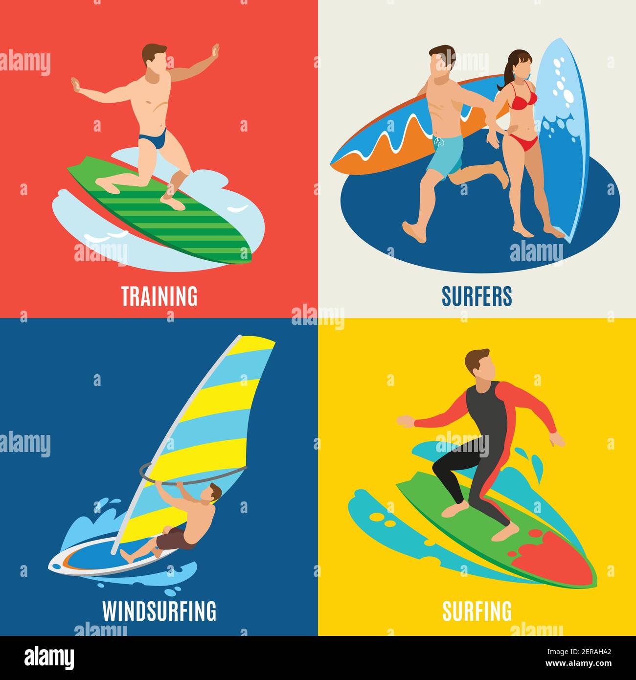 Surfing isometric 2x2 design concept with compositions of sailboard ...