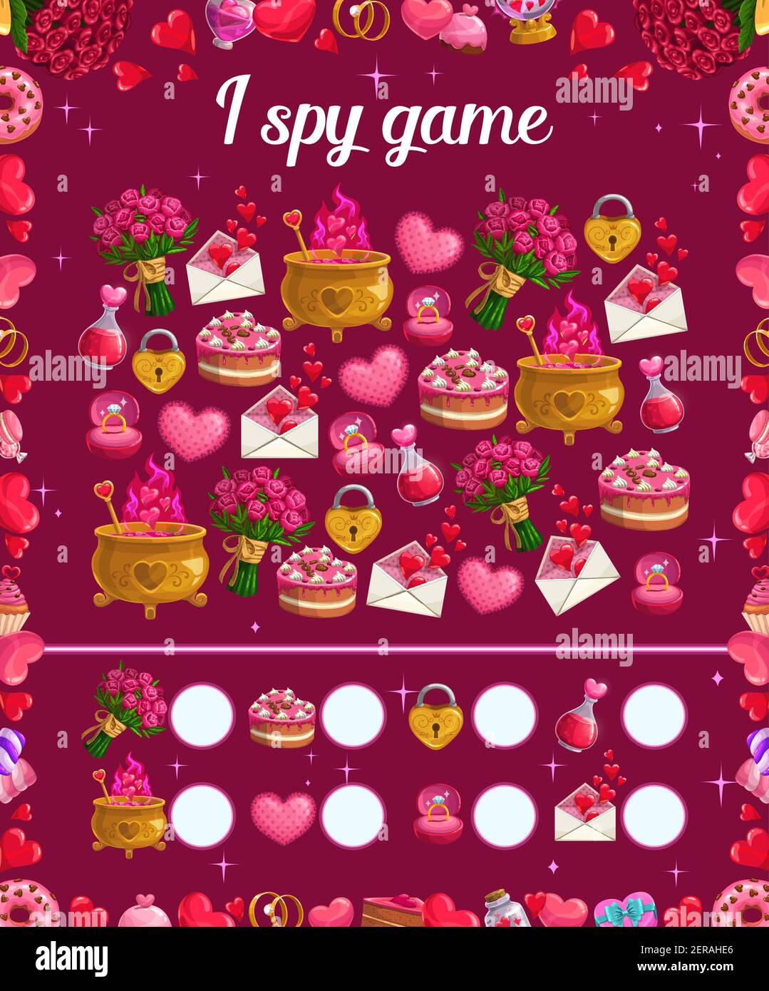 I spy kids game with Valentines day items, vector educational puzzle ...