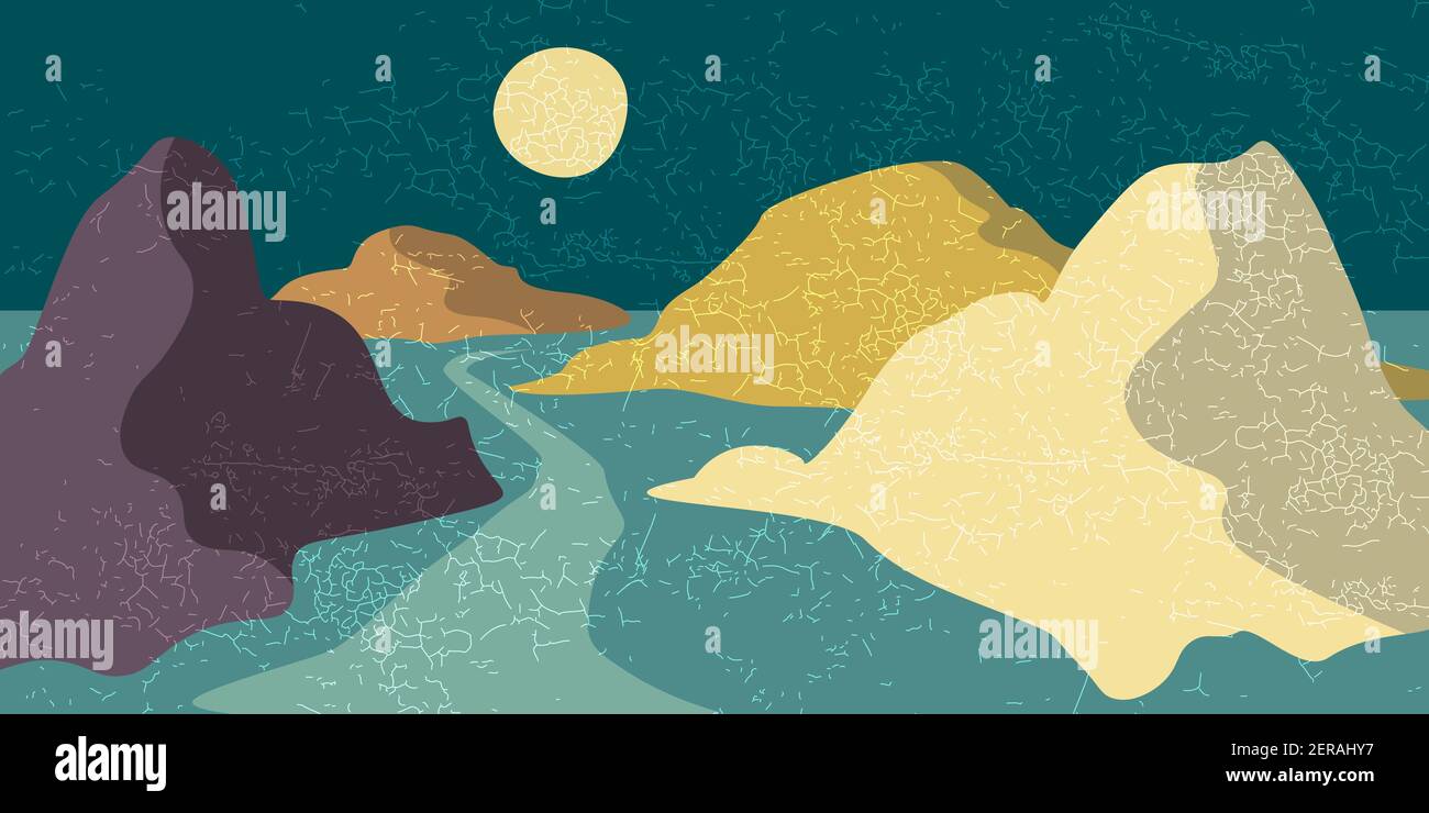 Minimalist landscape composition. Mid century modern graphic. 70s retro ...