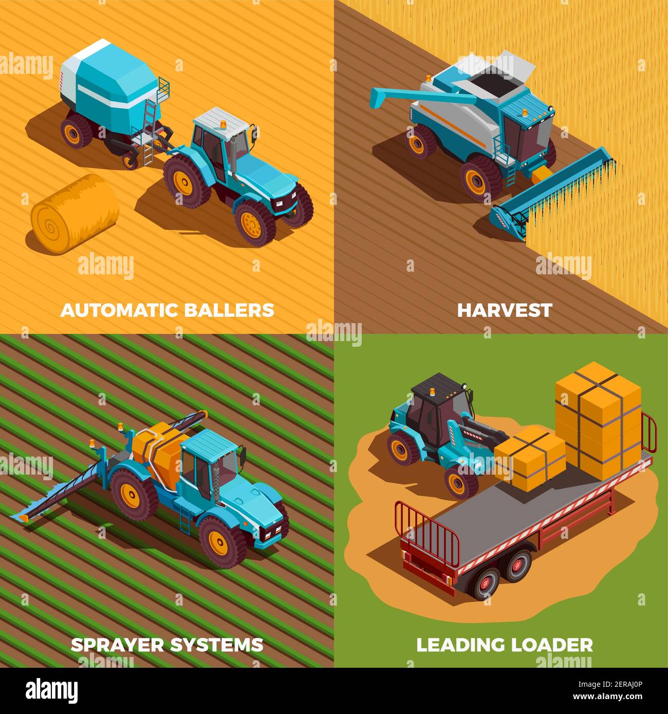 Agricultural machines isometric concept icons set with baler and ...