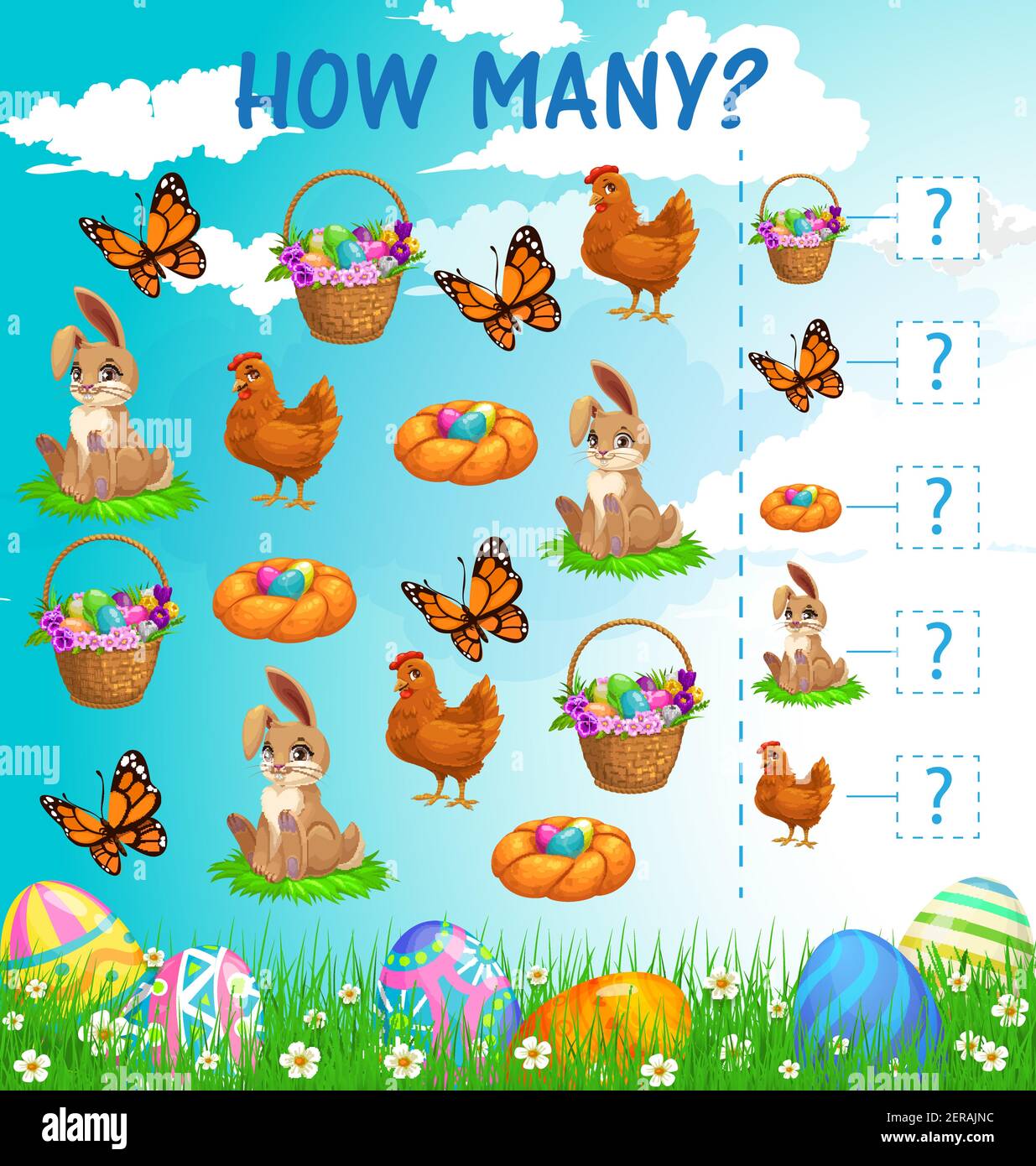 I spy kids game with Easter characters vector worksheet. How many ...
