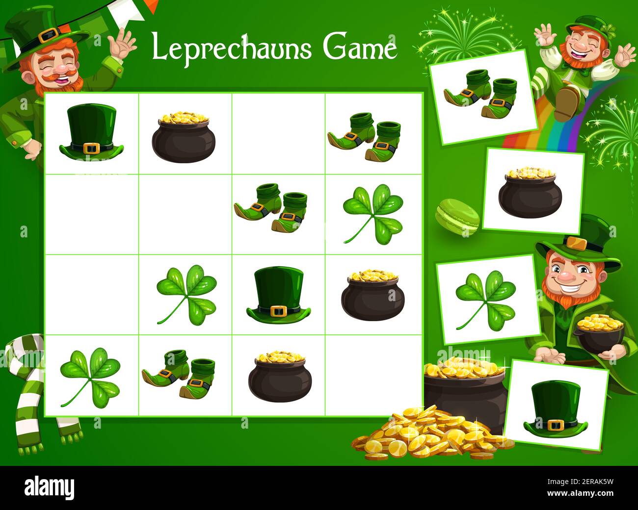Kids game vector riddle with cartoon leprechaun character, lucky clover ...