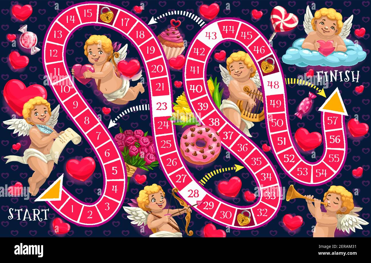 Kids board game vector template, Valentines day step boardgame with ...