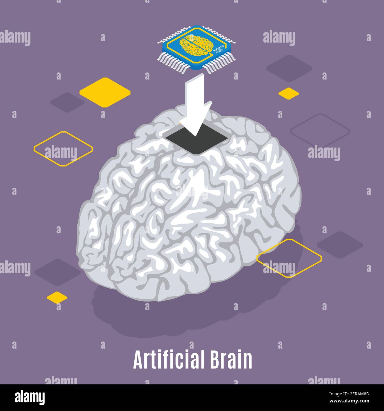 Backup personality isometric background with text and conceptual image of human brain microchip ...