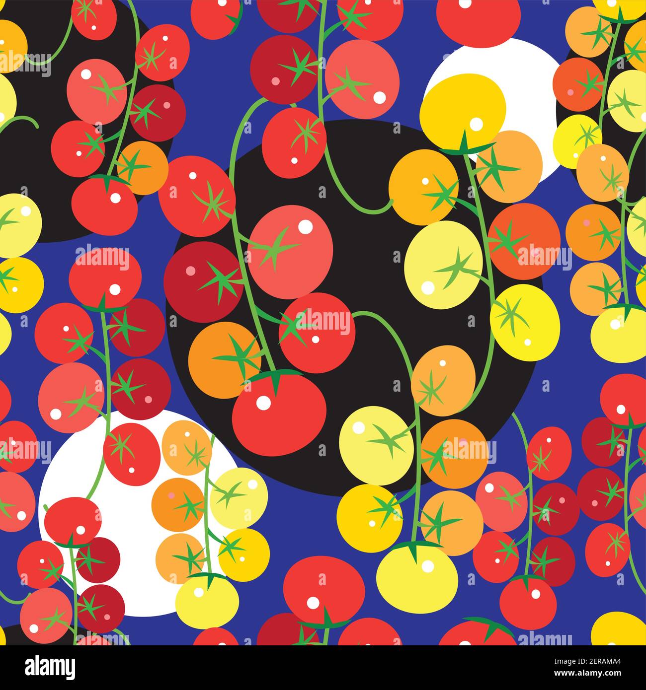 Seamless bright pattern with tomatoes and vegetables on a blue ...
