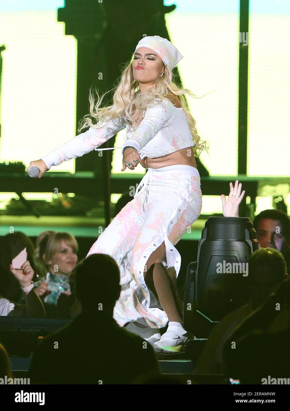 MIAMI, FL - JUNE 9: Karol G is seen performing during the Mix Live ...