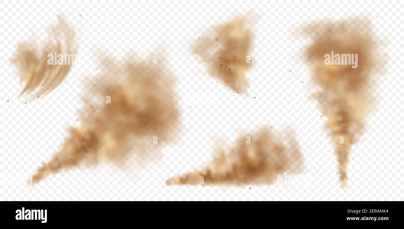 Realistic dust clouds. Road sand storm. Polluted dirty brown air with ...