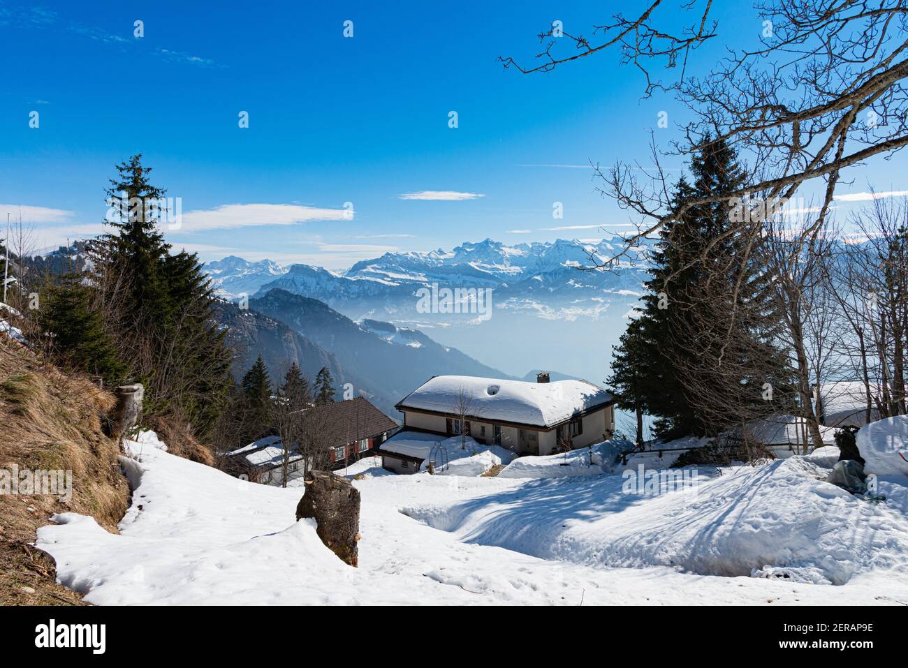 Unique panoramic alpine skyline view of Rigi resort. Snowed Chalets ...