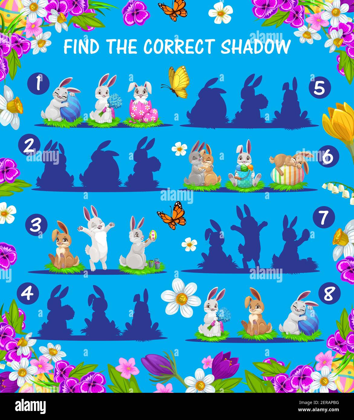 Kids game of find and match shadows of vector Easter bunnies and eggs ...