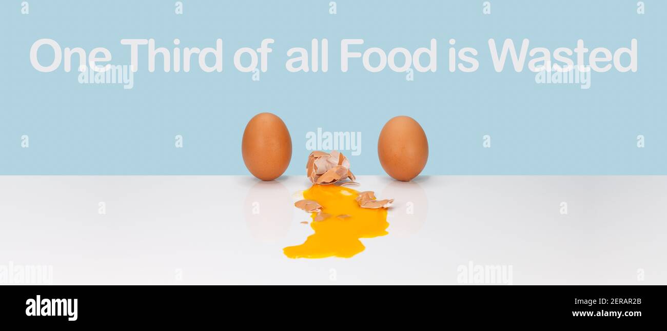 A third of all food is wasted text, 3 eggs, one broken to illustrate ...