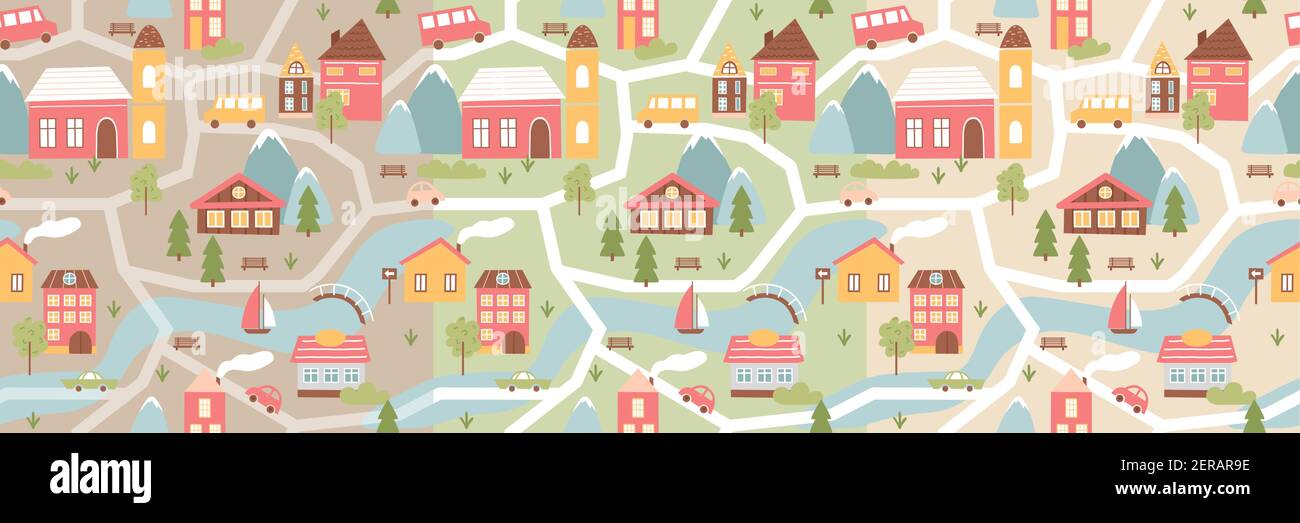 Geometric city houses seamless pattern, urban cute cityscape with ...