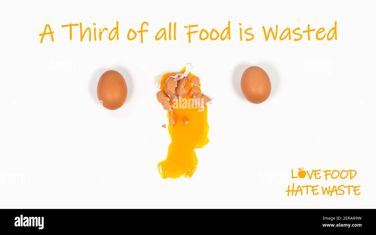 A third of all food is wasted text, 3 eggs, one broken to illustrate ...