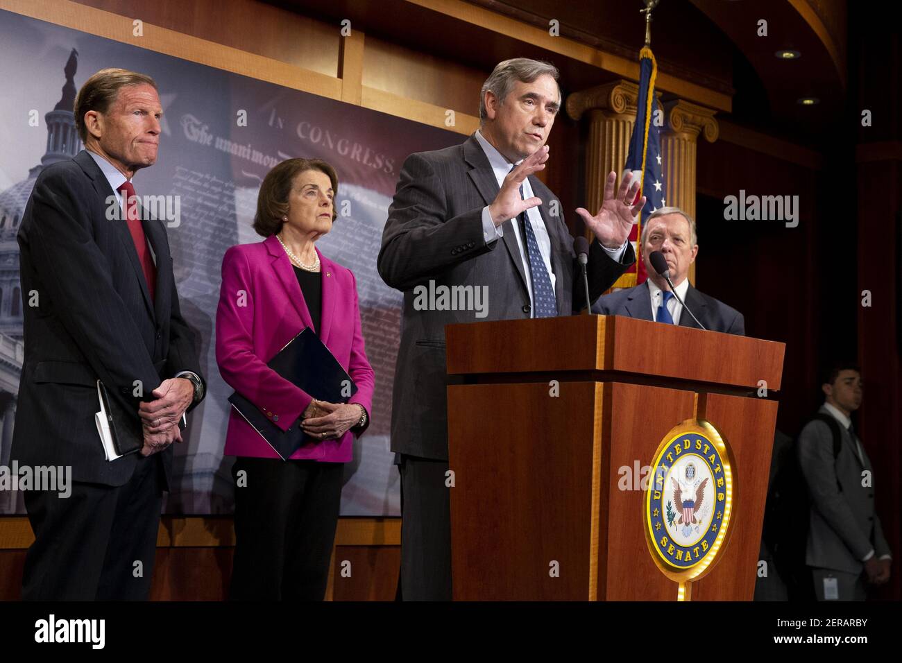 Senator Jeff Merkley, Democrat of Oregon, speaks during a press ...