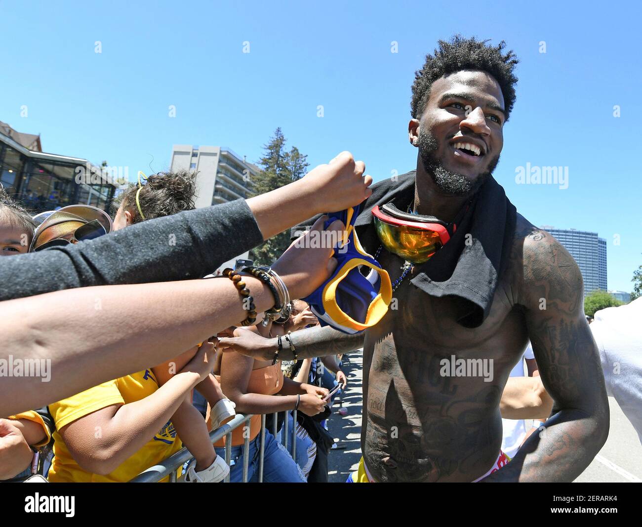 Golden State Warriors player Jordan Bell greets fans during the team's ...