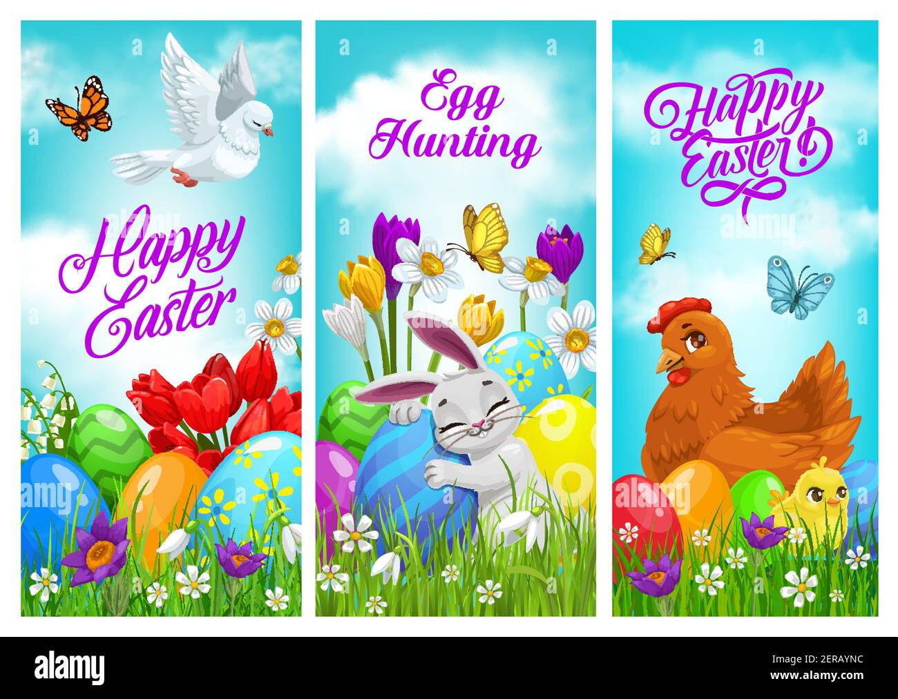 Happy Easter vector bunny, hen with chick, decorated eggs on field with ...