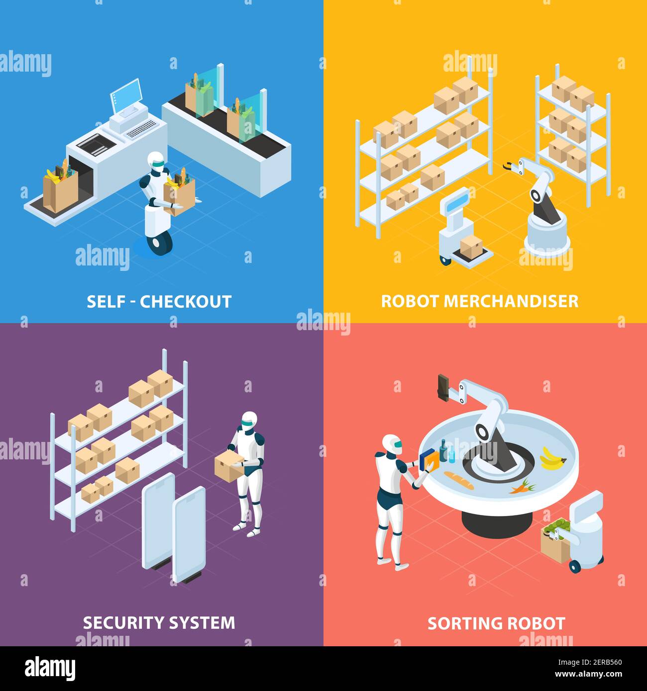 Automated shops isometric concept with self checkout, robots for ...