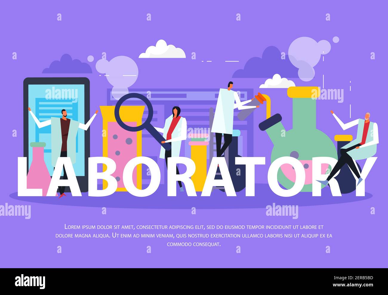 Science Lab Background With Theory Test And Experiment Symbols Flat