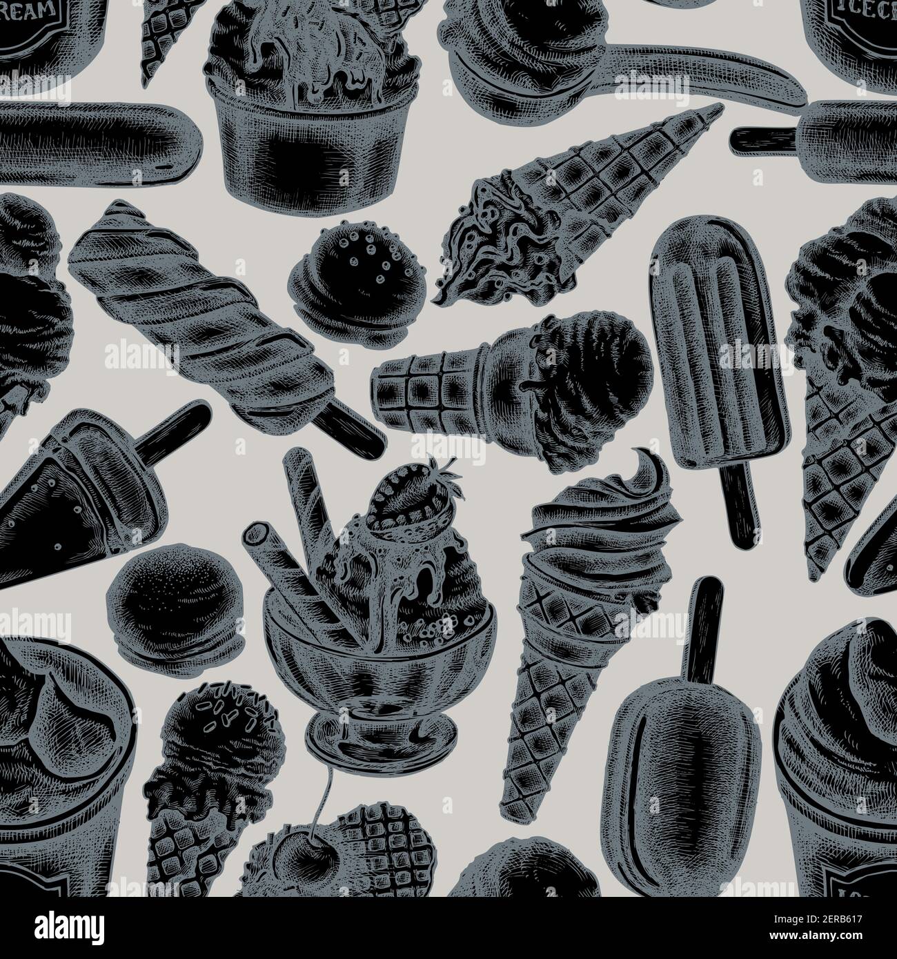 Seamless pattern with hand drawn stylized ice cream bowls, ice cream ...