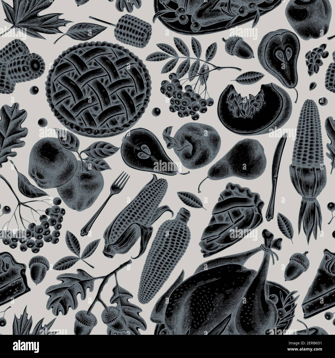 Seamless pattern with hand drawn stylized pumpkin, fork, knife, pears ...