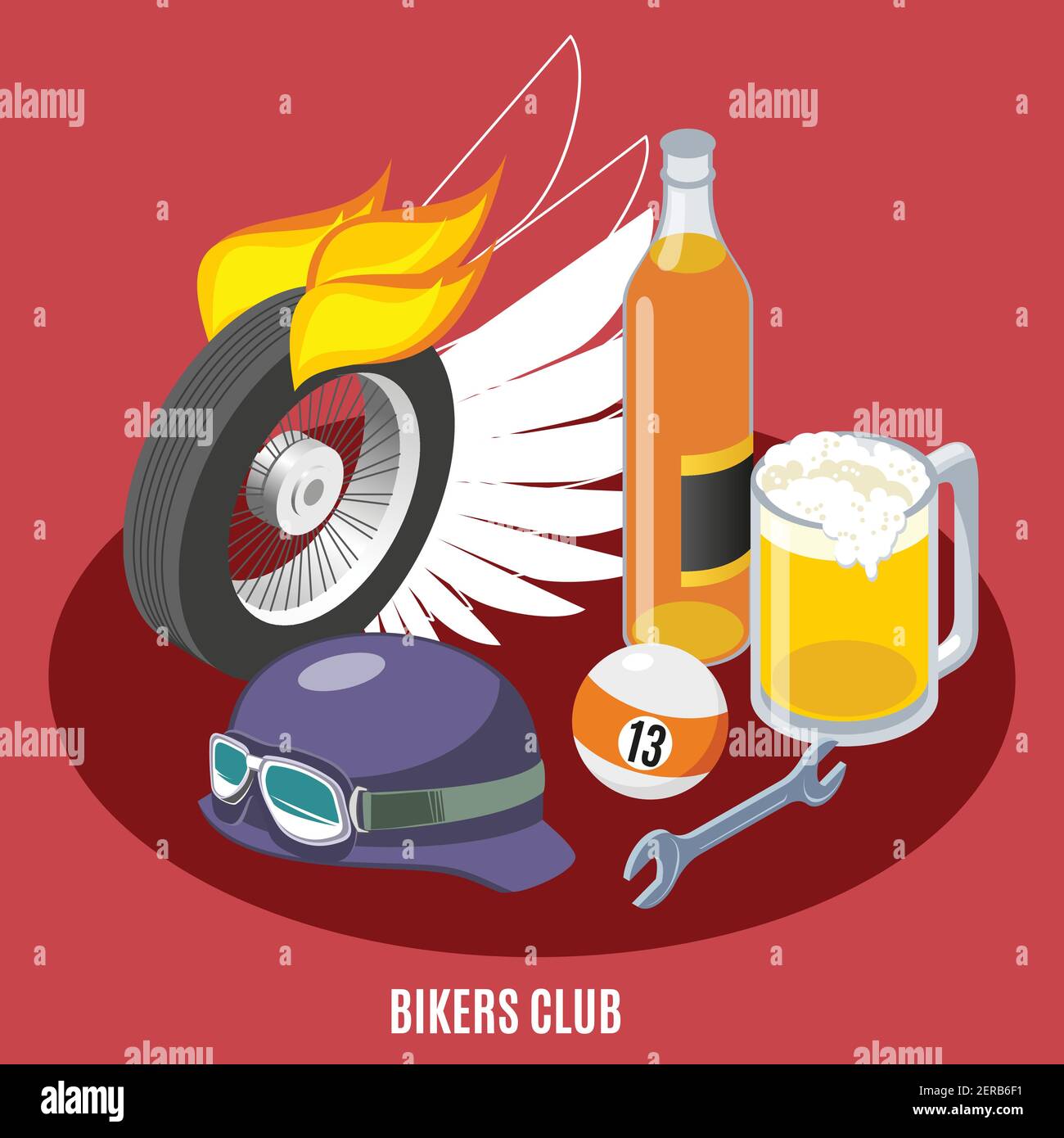 Attributes of bikers isometric composition with wheel, helmet, wrench ...