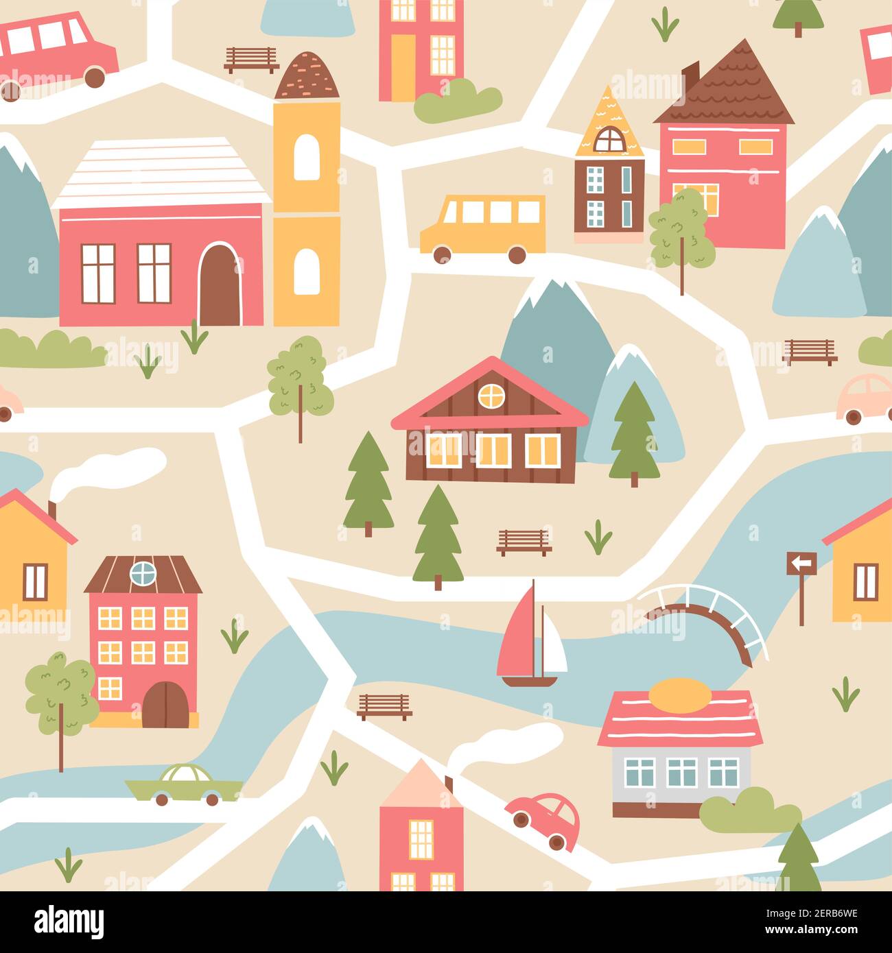 House village with river, seamless pattern texture in cute colors ...