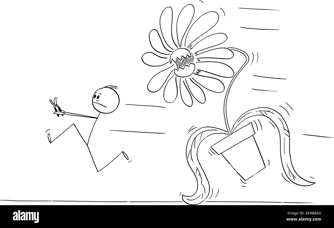 Gardener or man running away in panic, big flower in pot is chasing him ...