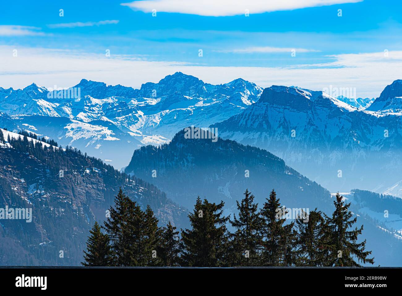 Unique panoramic alpine skyline aerial landscape view of misty iced ...