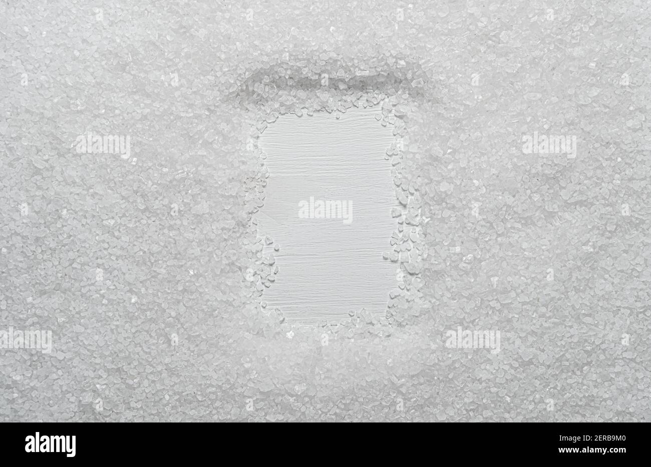 Background from white sea salt. Copy space rectangular shape. Coarse ...