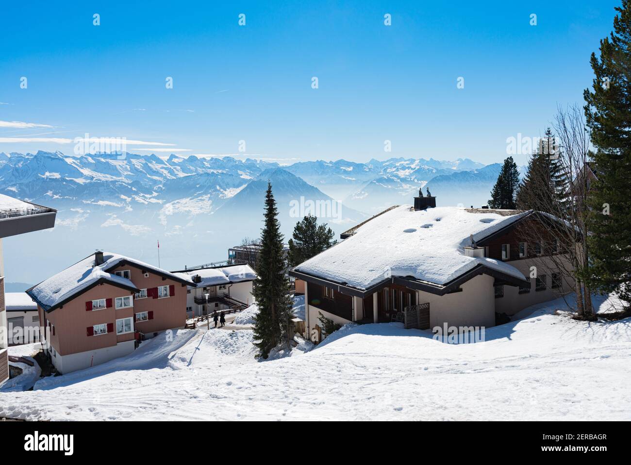 Unique panoramic alpine skyline view of Rigi resort. Snowed Chalets ...