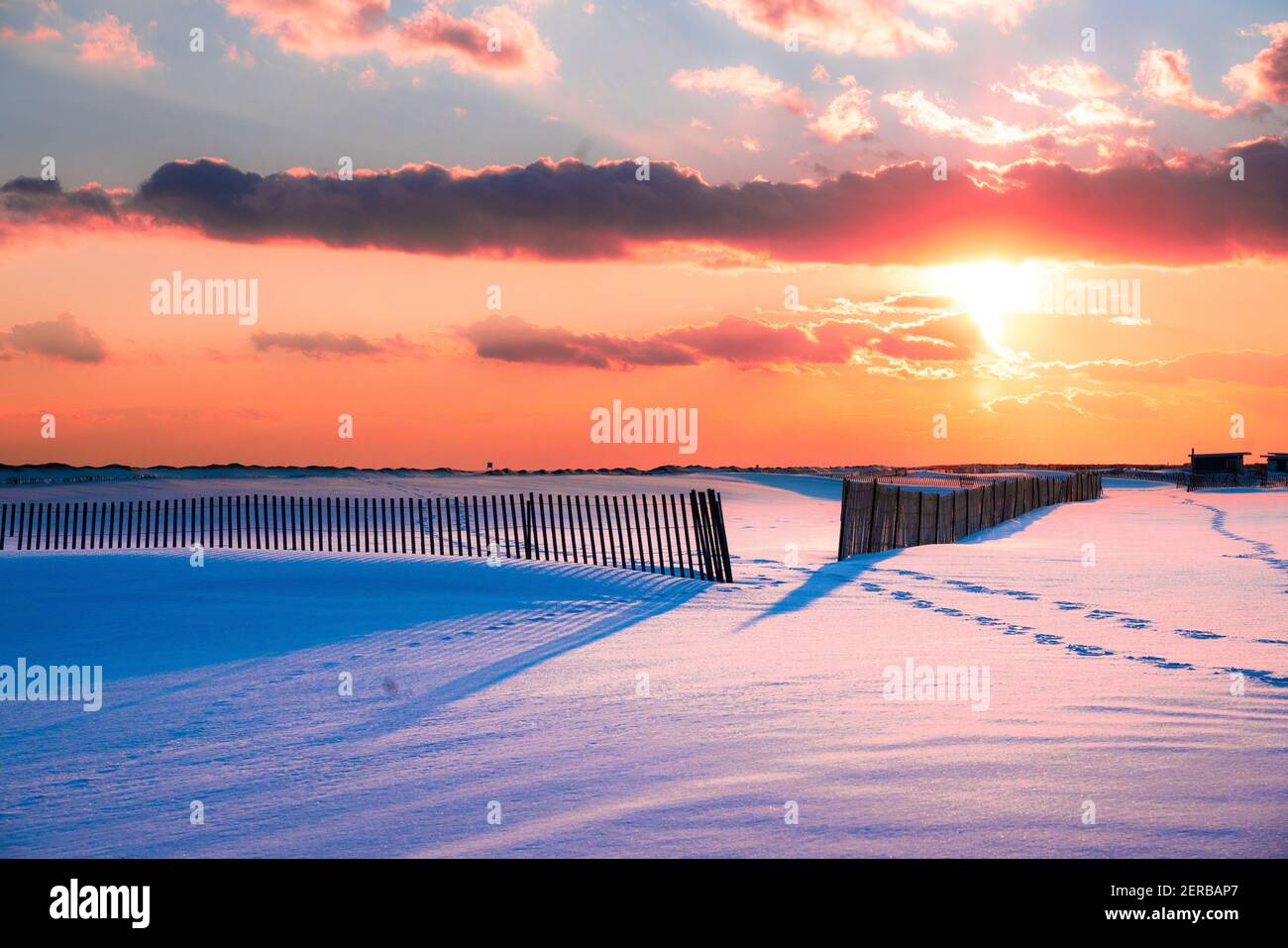 Winter scene under color sky at sunset on snow covered beach. Jones ...