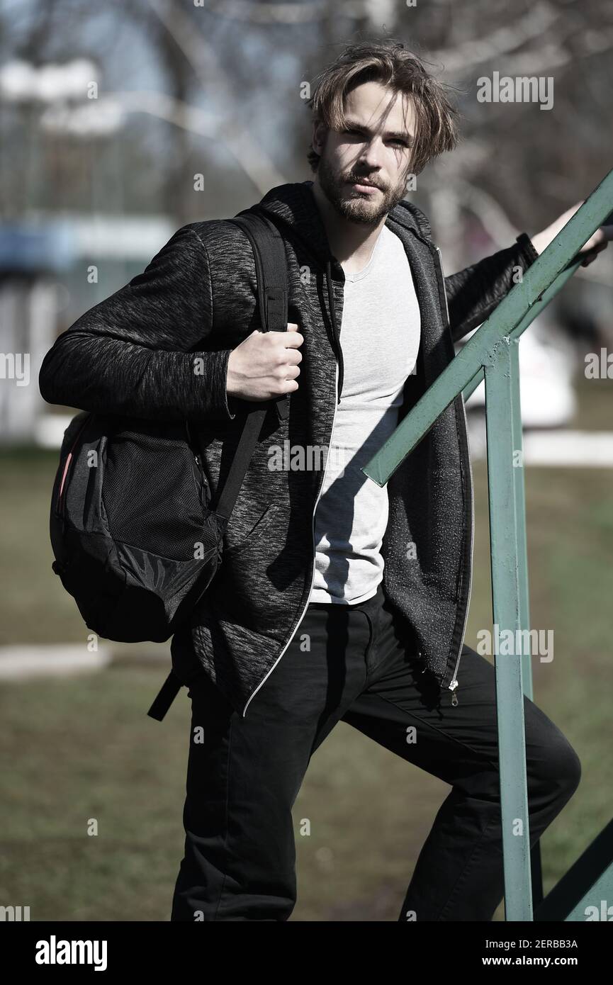 Active concept. Active man with backpack outdoor. Active and healthy ...