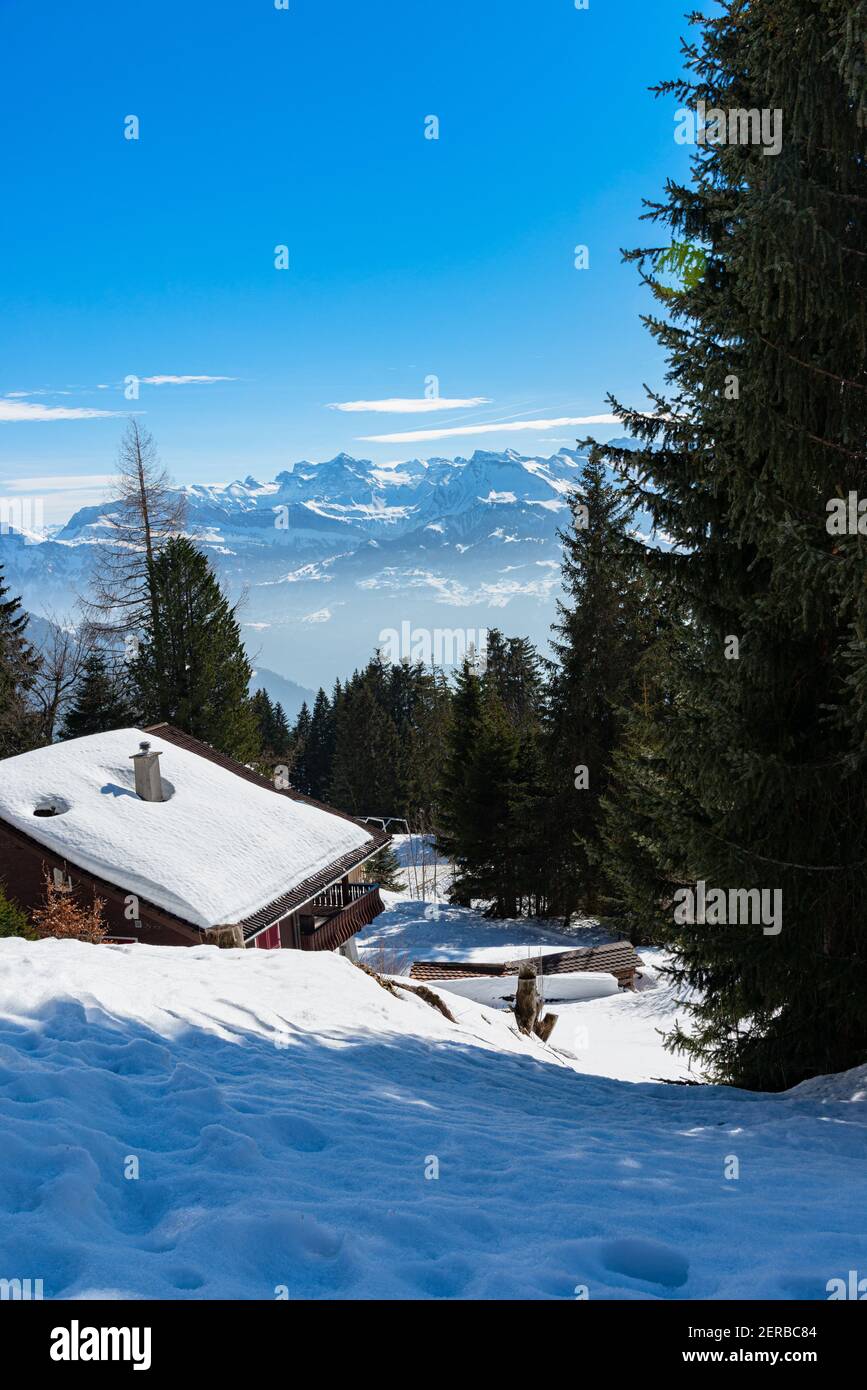 Unique panoramic alpine skyline view of Rigi resort. Snowed Chalets ...