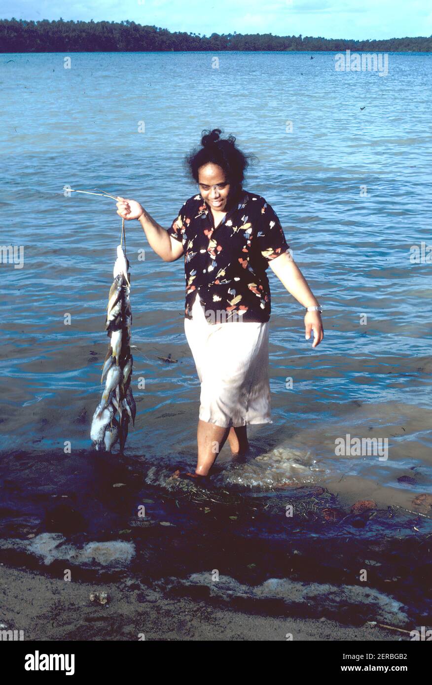 An indigenous woman wading through shallow water of a reef in Tonga ...