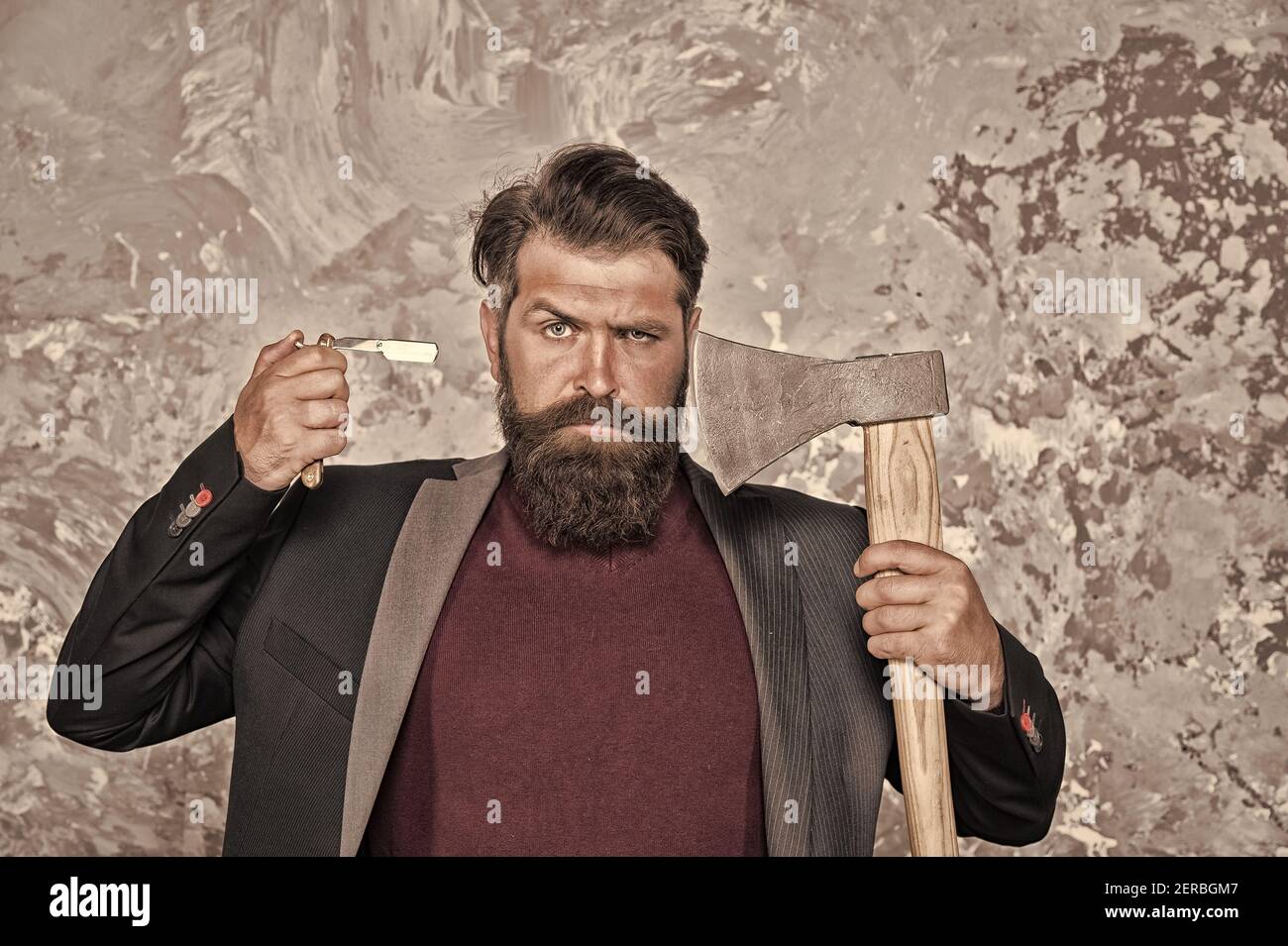 Proper tools. Brutal methods. old weapon. Barbershop hairstyle ...