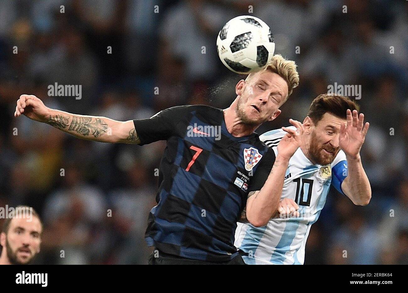Croatian football player Ivan Rakitic (left) and Argentinian football ...