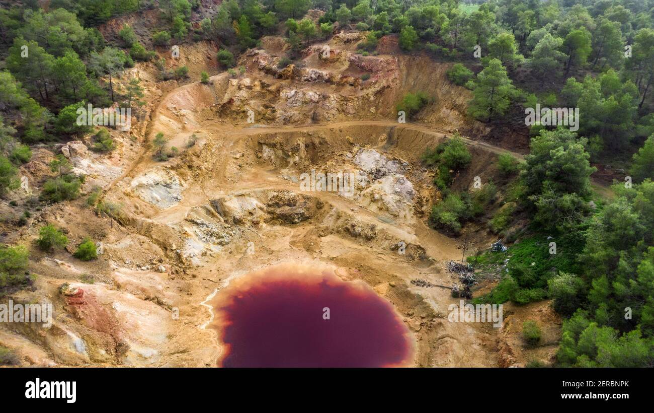 Aerial view of abandoned opencast mining pit in Mathiatis, Cyprus ...